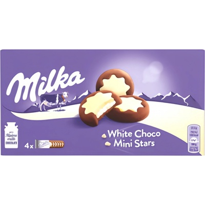 Milka White Choco Mini Stars kakaové sušenky, mléčná náplň a bílá ...